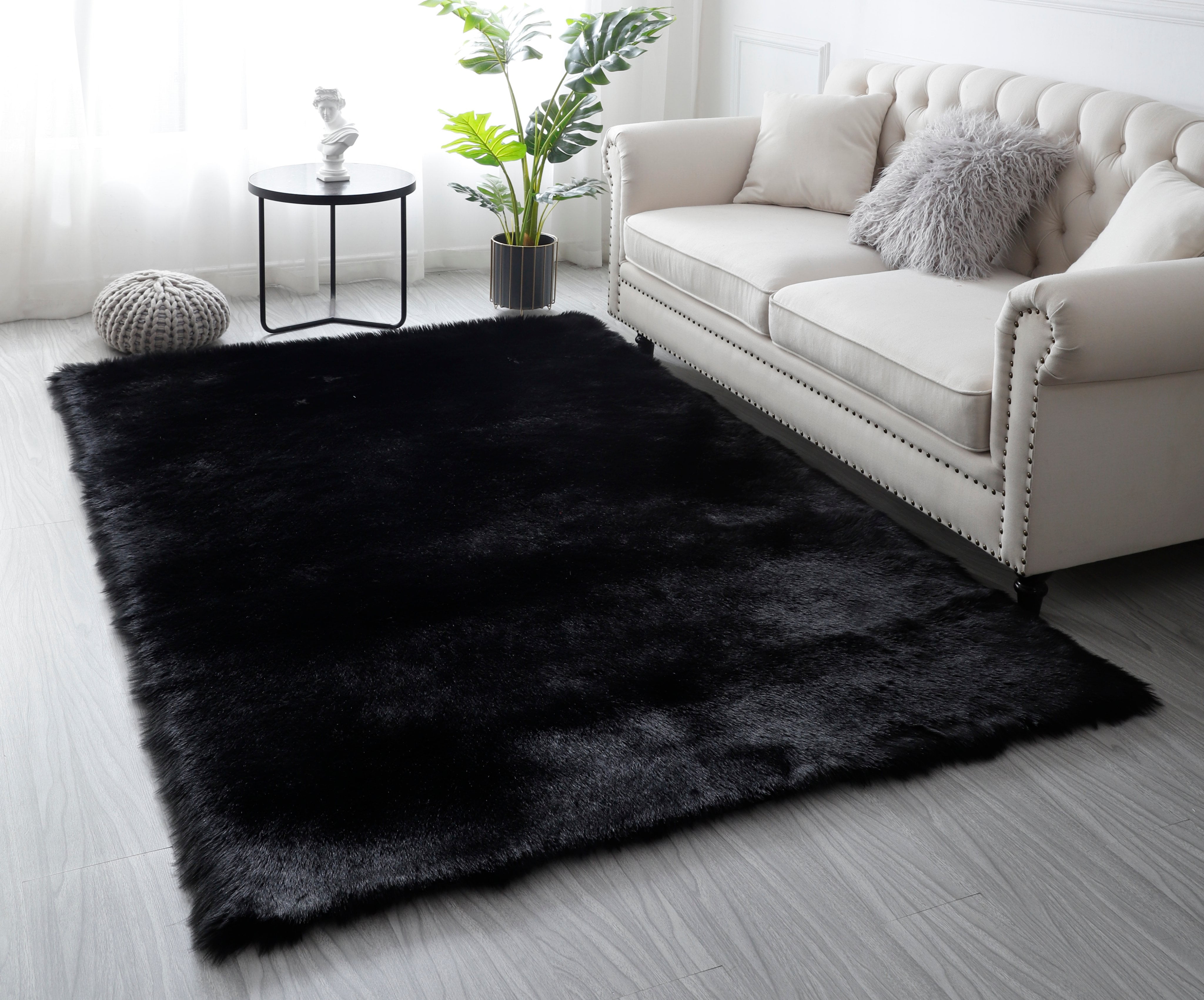 Black Plush Faux Fur Sheepskin Shag Shaggy Super Soft Carpet Area Rug ...