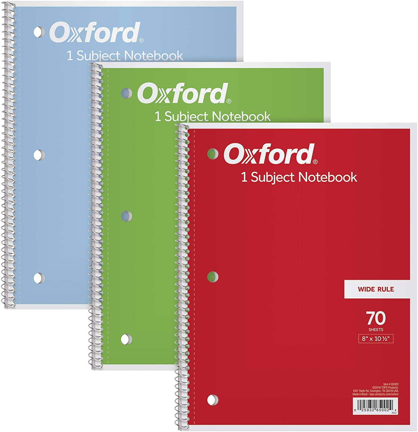 Tops/Oxford 1-Subject Notebooks, 8" x 10-1/2", Wide Rule, 70 Sheets, 3 ...