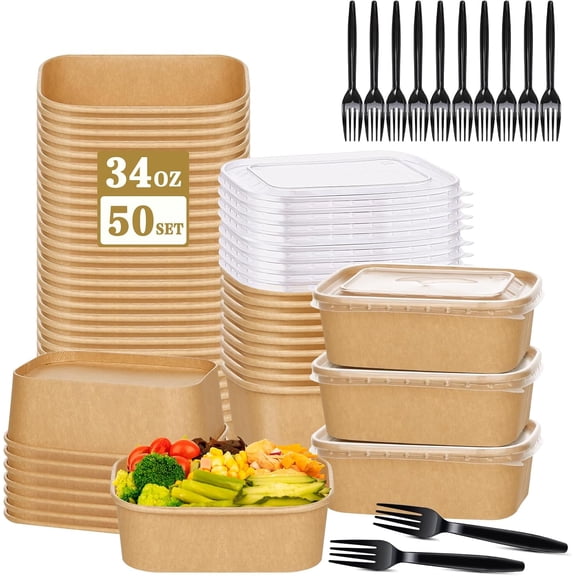 50-Pack 34oz Kraft Paper Bowls, Disposable Meal Prep Containers with ...