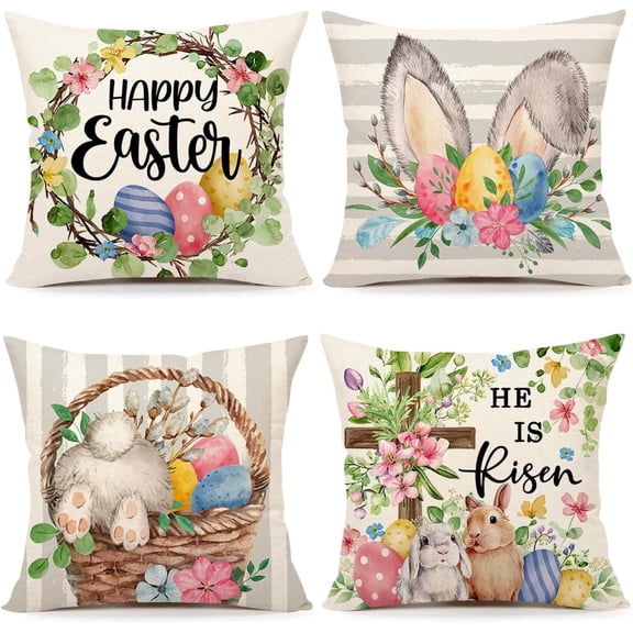 2026 Easter Pillow Covers 18x18" , Risen Bunny Floral Eggs Cute ...