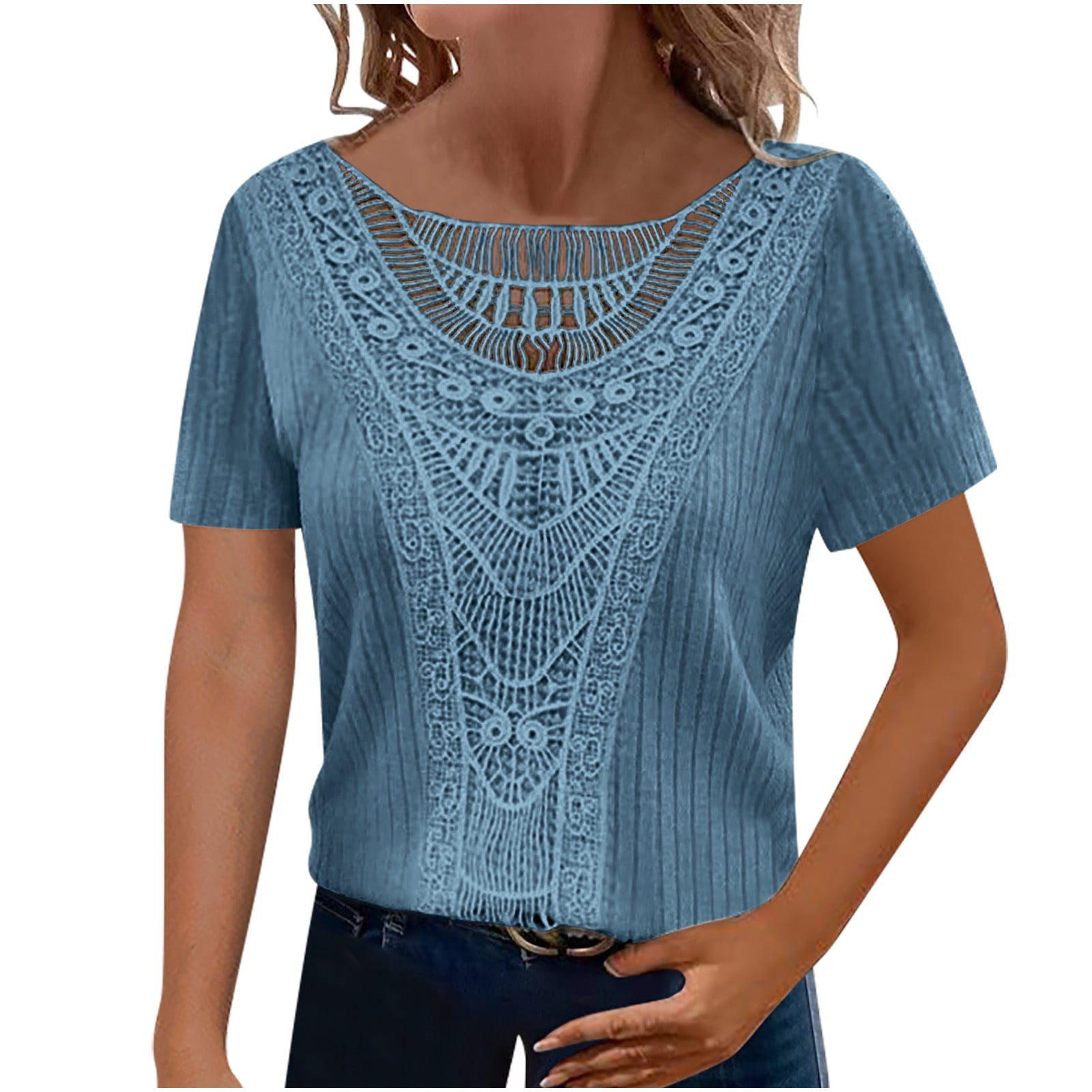 Click here for Plebaso Womens Summer Tops Crochet Lace Short Slee... prices
