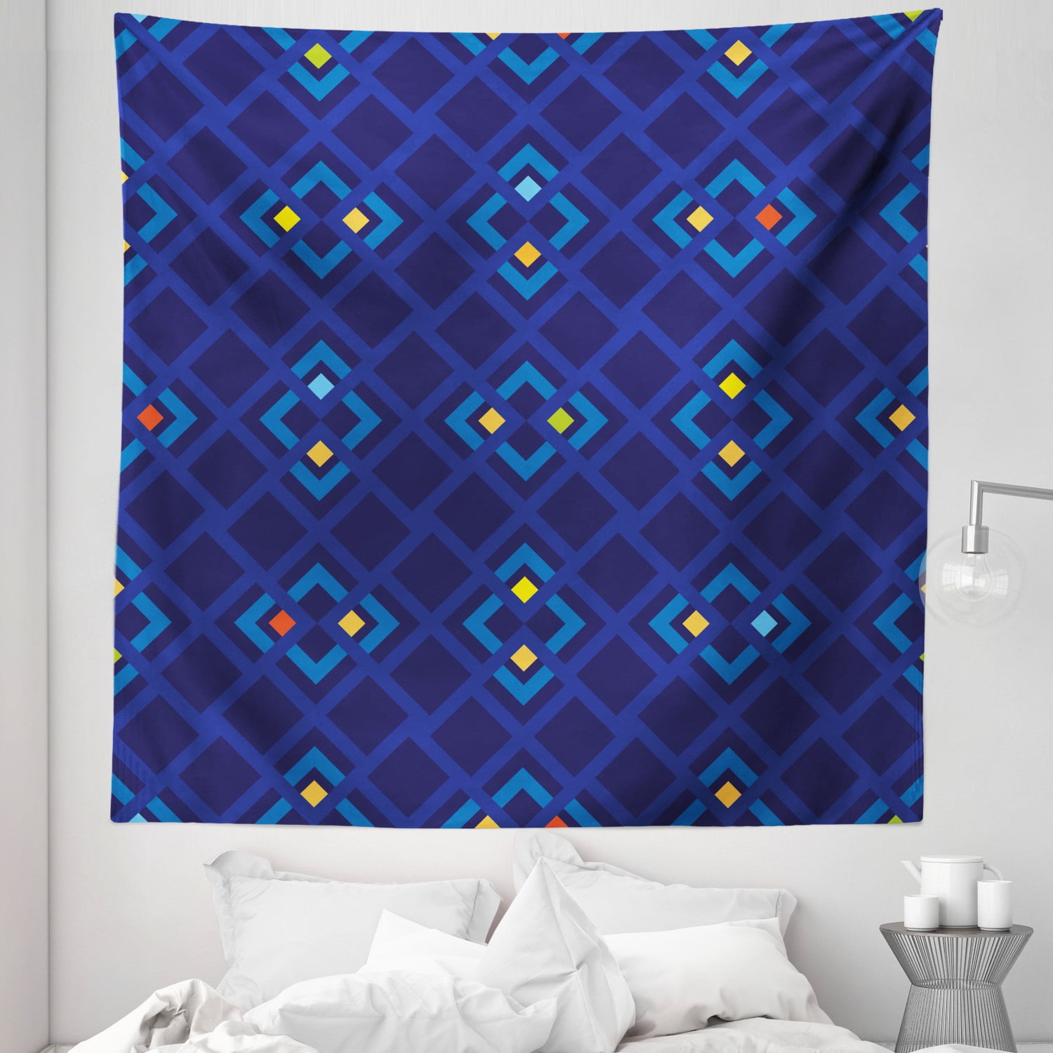 Navy Tapestry, Abstract Shabby Form with Geometric Inner Squares with ...