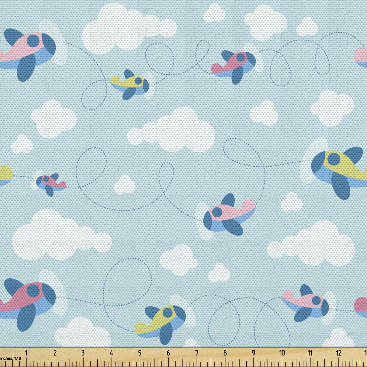 Plane Fabric by the Yard, Cartoon Style Sky with Airplanes Clouds ...