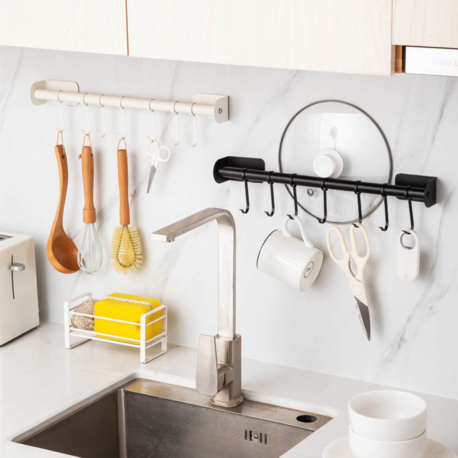 Waroomhouse Utensil Rack Wall Mounted Punch Free Movable Hooks Load ...