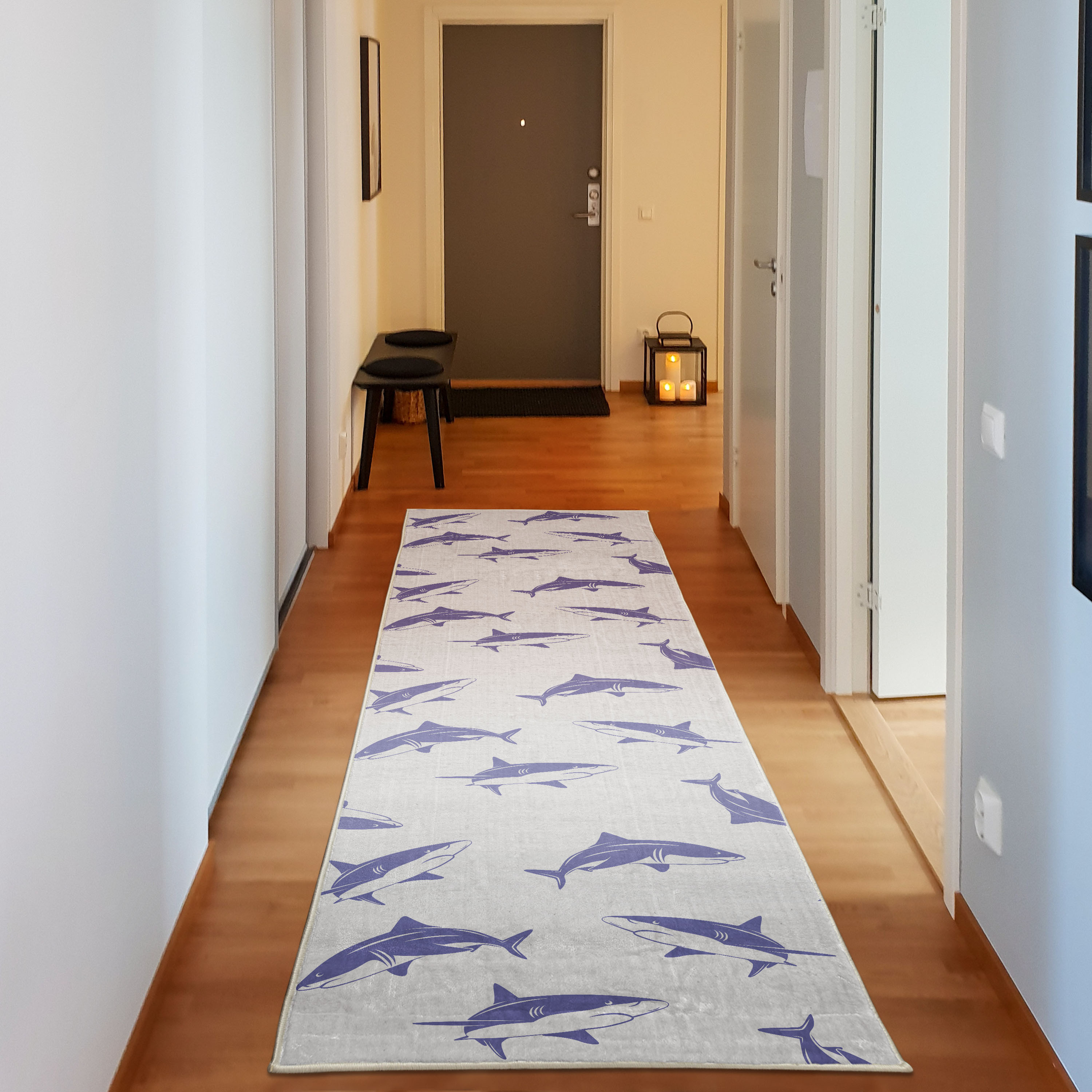 Sea Animals Decorative Rug, Repeated Cartoon Sharks Swimming to ...