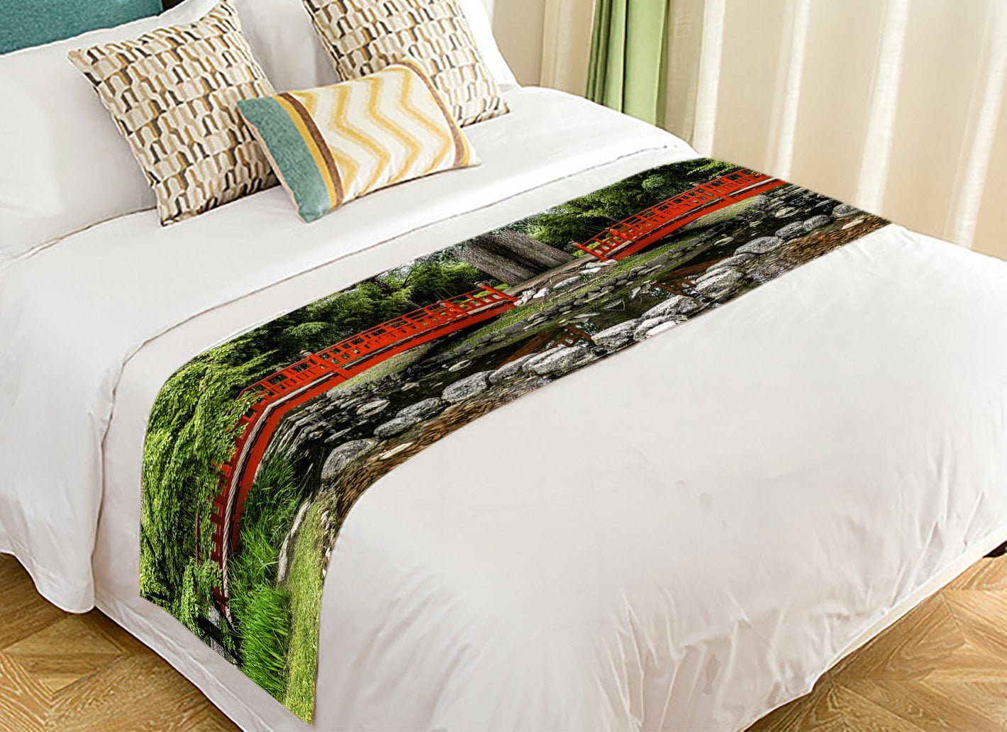 GCKG Asian Bed Runner, Landscape with Japanese Bridge Bed Runners ...