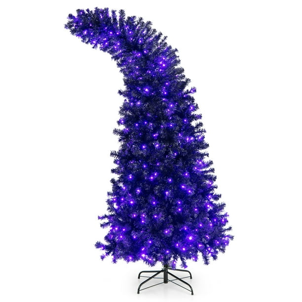 Costway 7FT Pre-Lit Black Halloween Tree 8 Flash Modes w/ 400 Purple ...