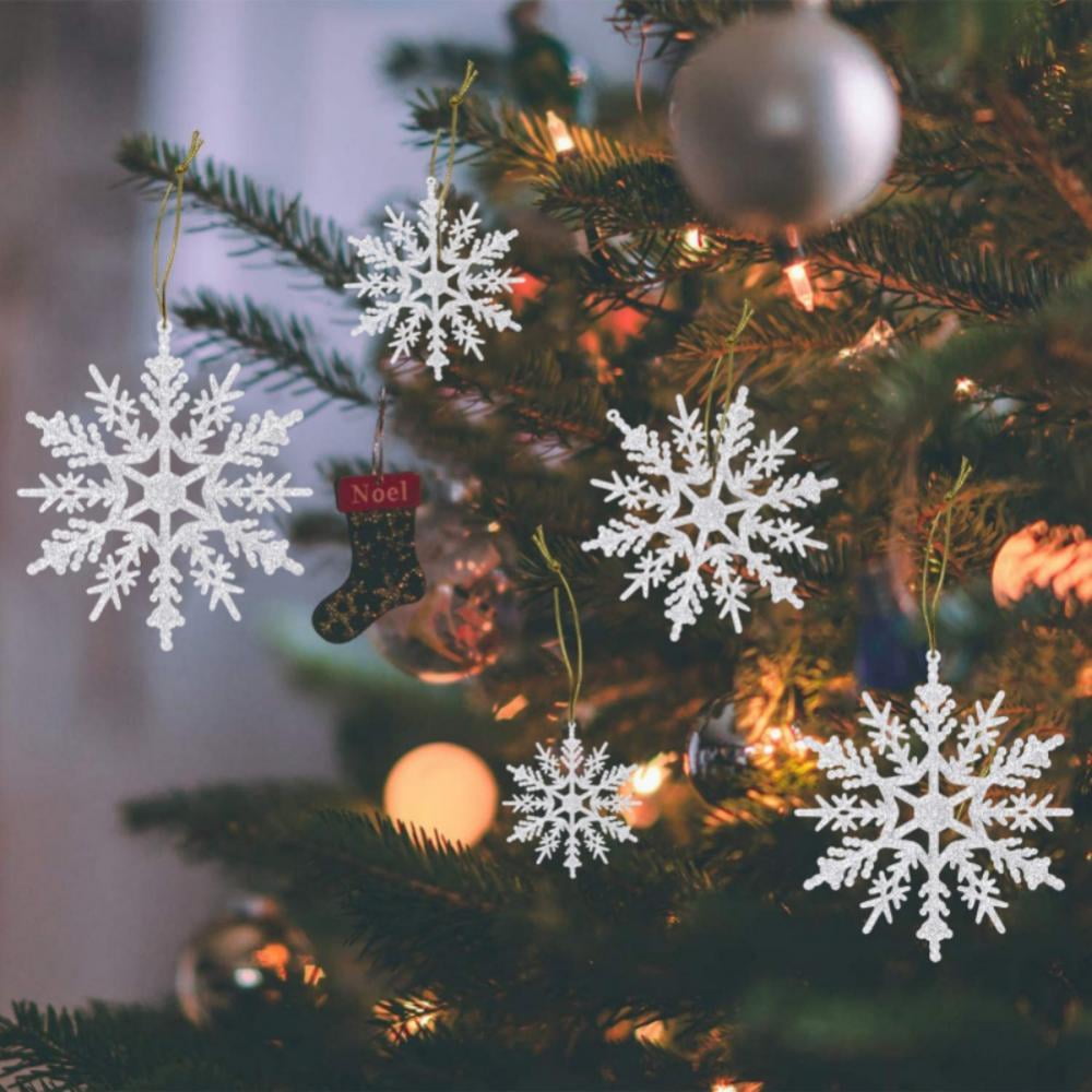 12 Pieces Plastic Snowflake Ornaments, Assorted Sizes Sparkling White ...