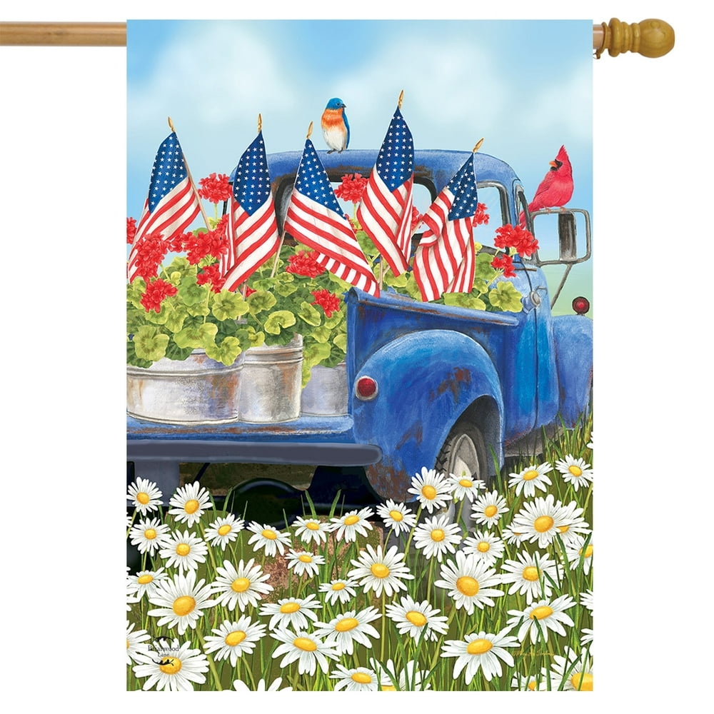 All American Truck Spring House Flag Patriotic Floral 28" x 40 ...