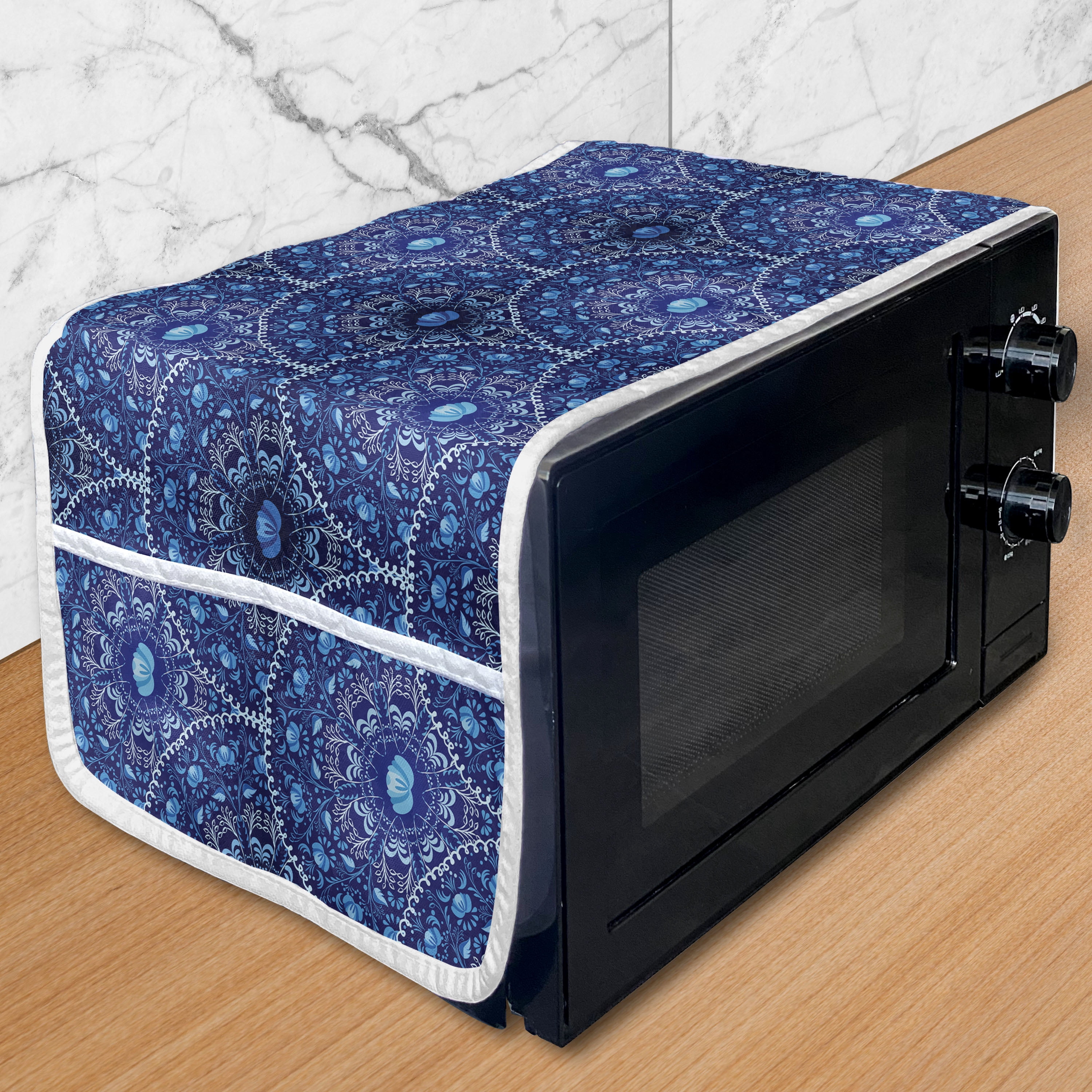 Navy Blue Microwave Oven Cover, Circular and Floral Alike Oriental ...
