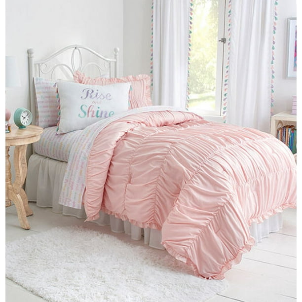 Pink Ruched And Ruffled Girls Full Queen Comforter And Shams Set 3 Piece