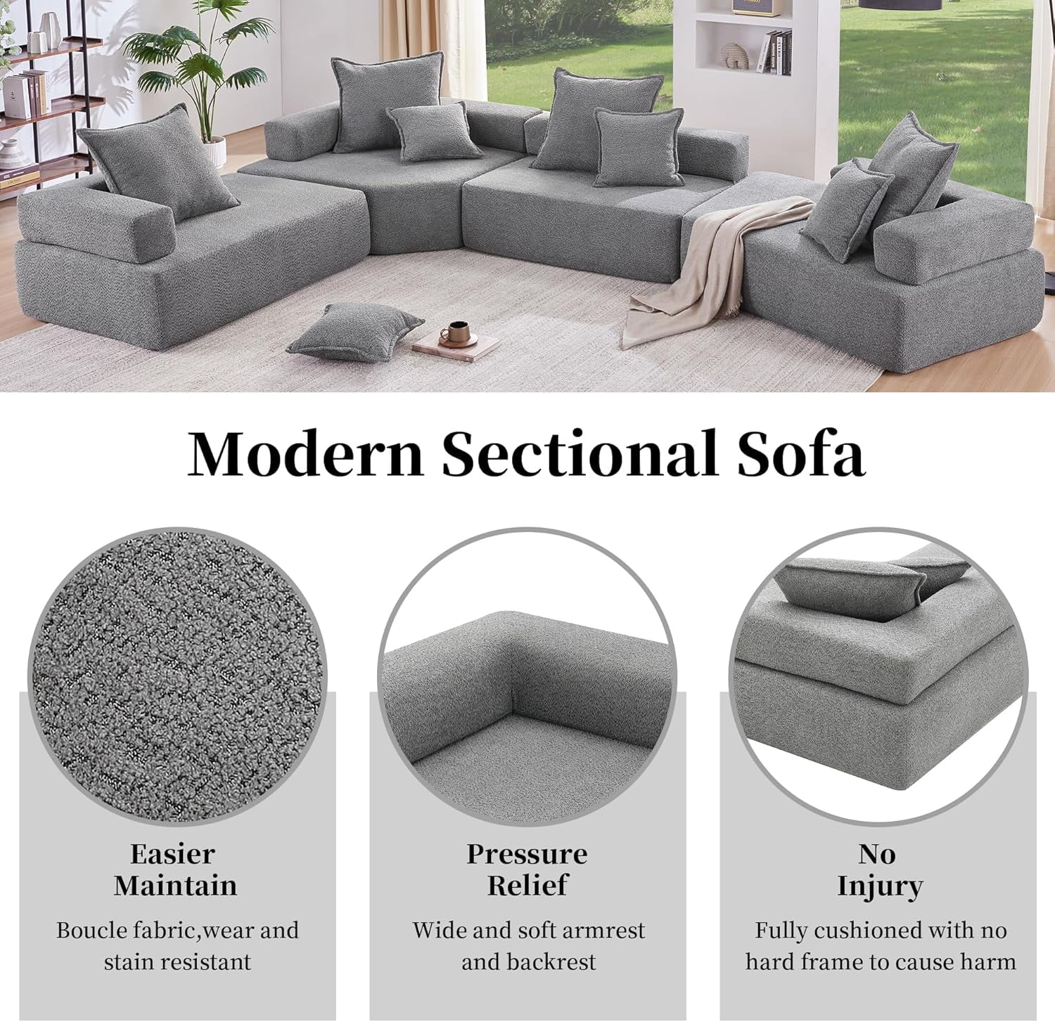 156 Oversized Modular Sectional Sofa Modern Curved Boucle Cloud Couch Large Sleeper Lounge Sofa Convertible U Shaped Floor Clouch Set with 6 Pillows for Living Room Apartment Office Walmart