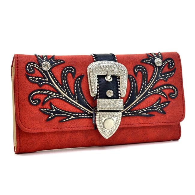 Western Rhinestone Bling Floral Buckle Trifold Wallet - Red - Walmart.com