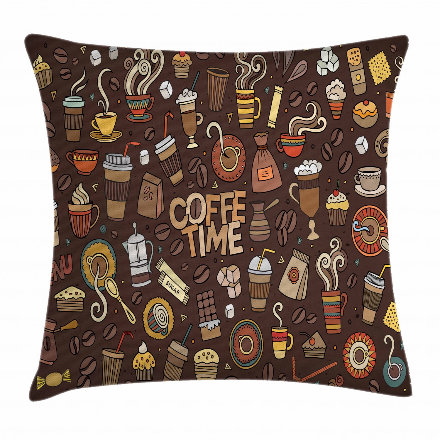 Coffee Throw Pillow Cushion Cover, Hand Drawn Cartoon Coffee Time Theme ...