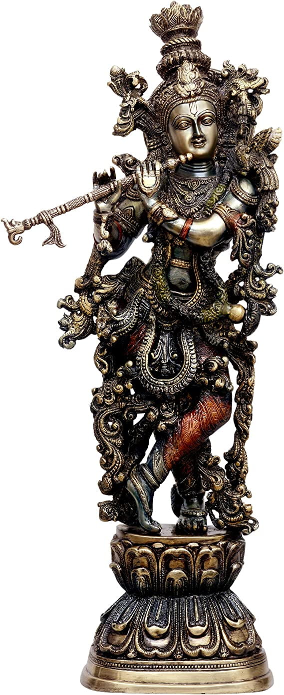 AONA Brass Krishna Statue - Brass Idol - Krishna with Flute Height 30 ...