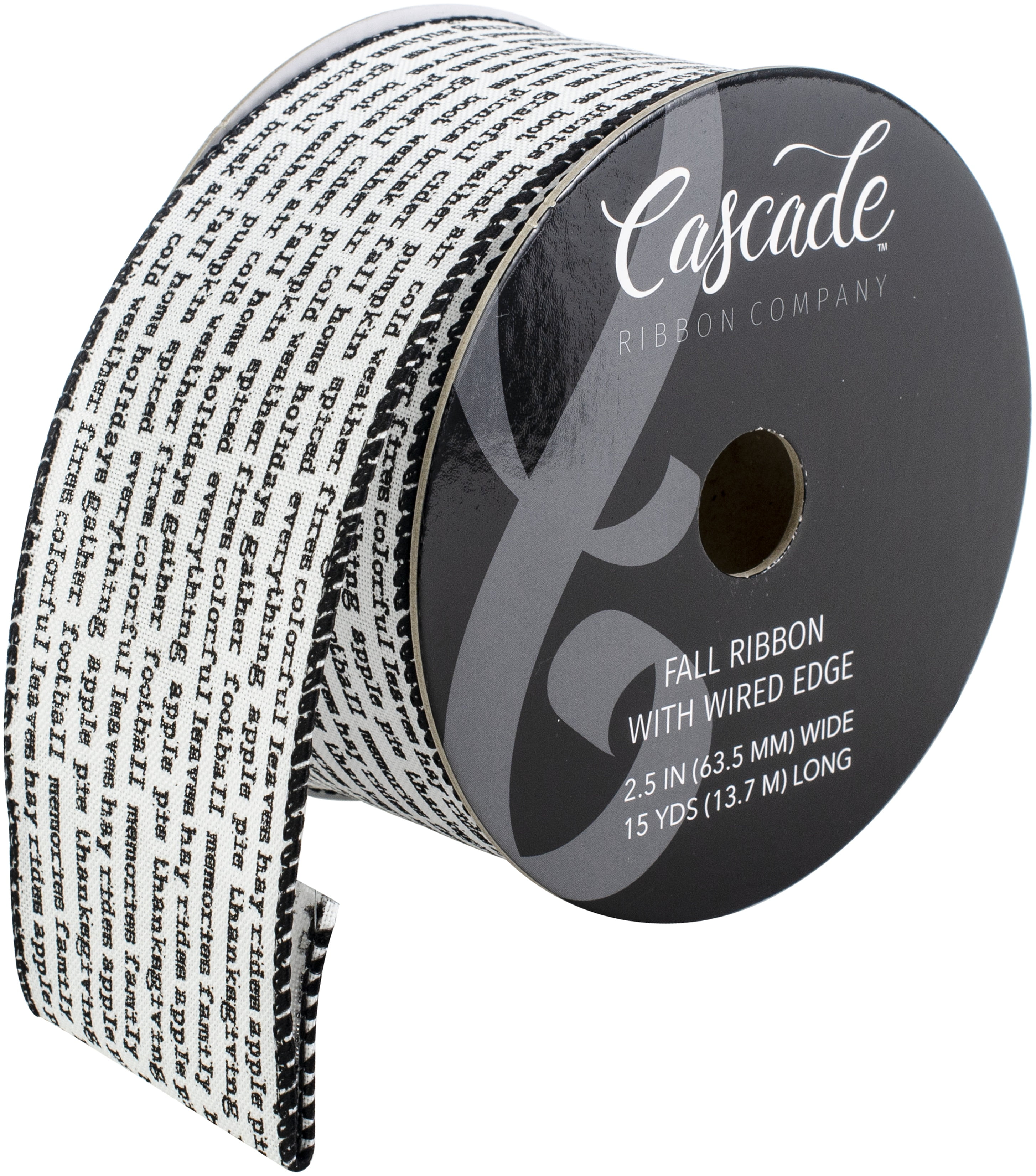 Cascade Fabric Ribbon W/Wired Edge 2.5"X15yd-White W/Black Typewriter ...