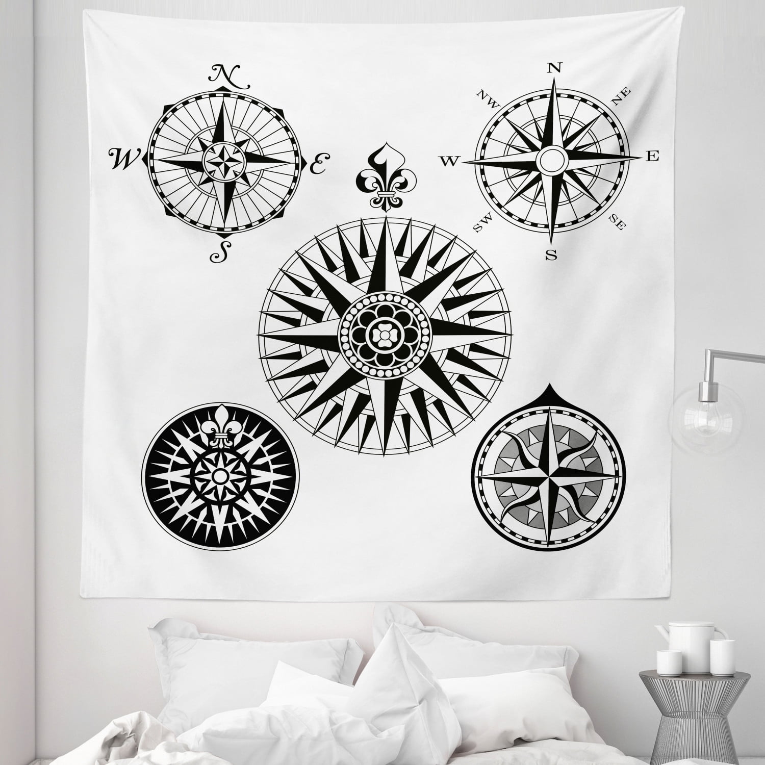 Compass Tapestry, Highly Detailed 5 Windroses Compass Angles Directions ...