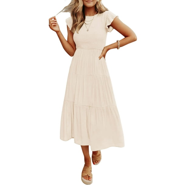 Haomeili Womens Summer Casual Flutter Short Sleeve Crew Neck Smocked