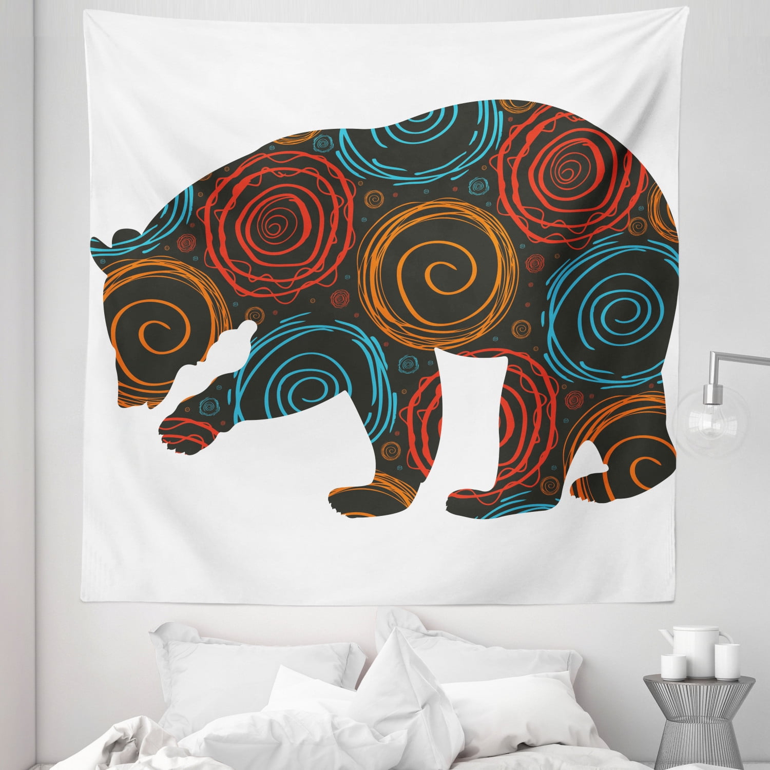 Animal Tapestry, Bear Silhouette Covered with Abstract Circular Spiral ...