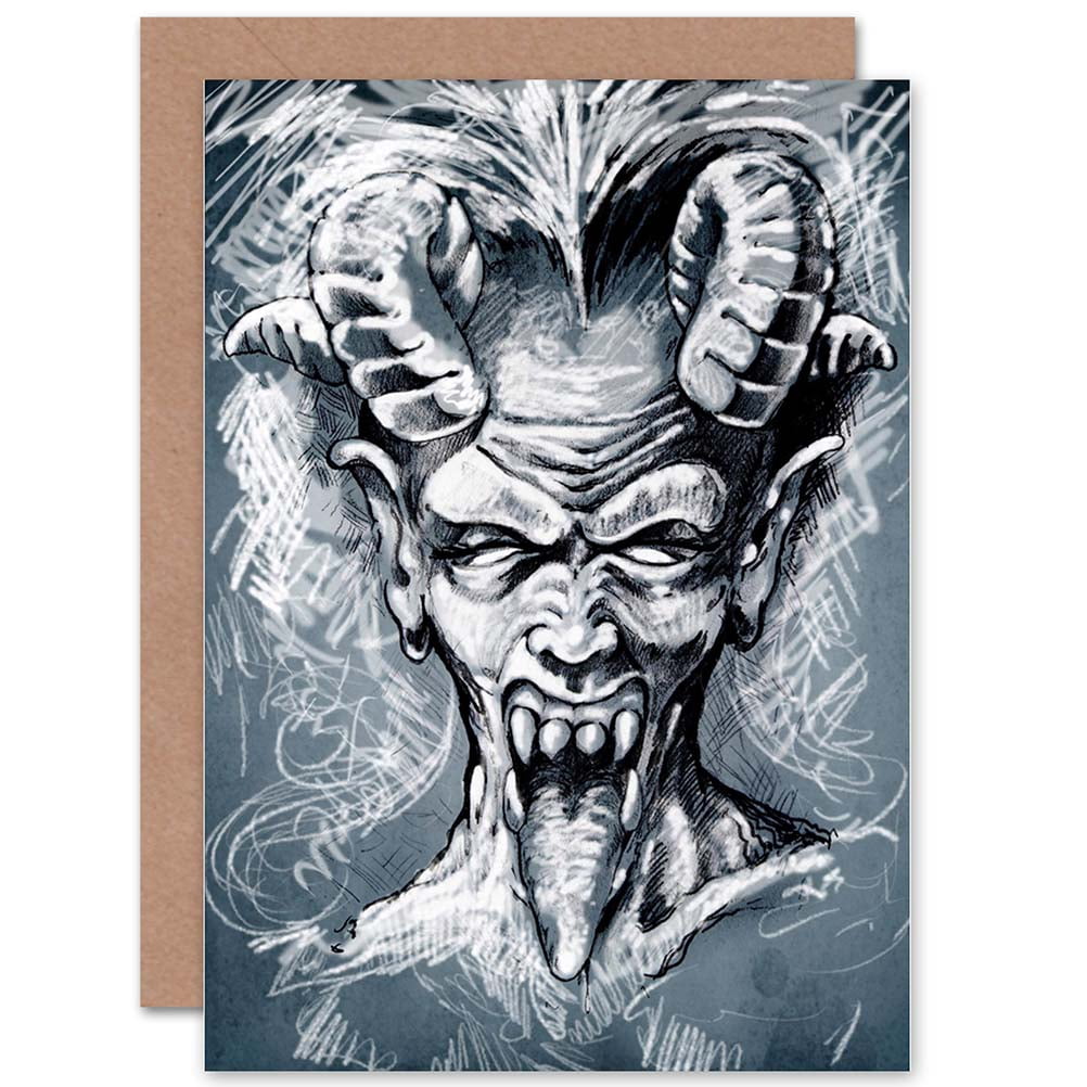 Painting Drawing Portrait Devil Demon Horns Tongue Greetings Card Plus ...