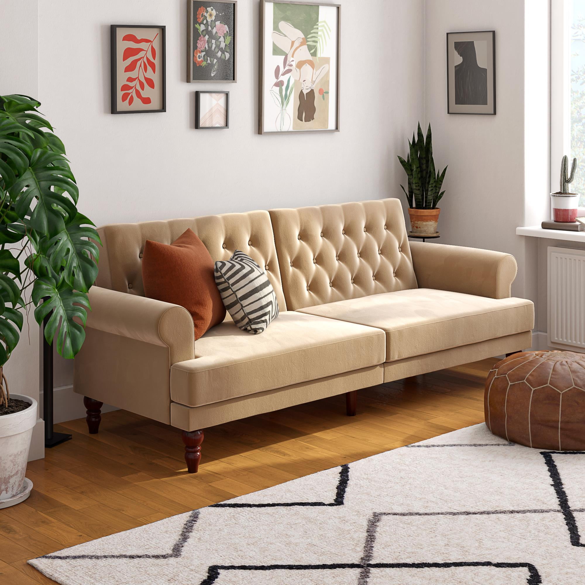 Novogratz Upholstered Cassidy Futon, Convertible Couch, Ivory Velvet ...