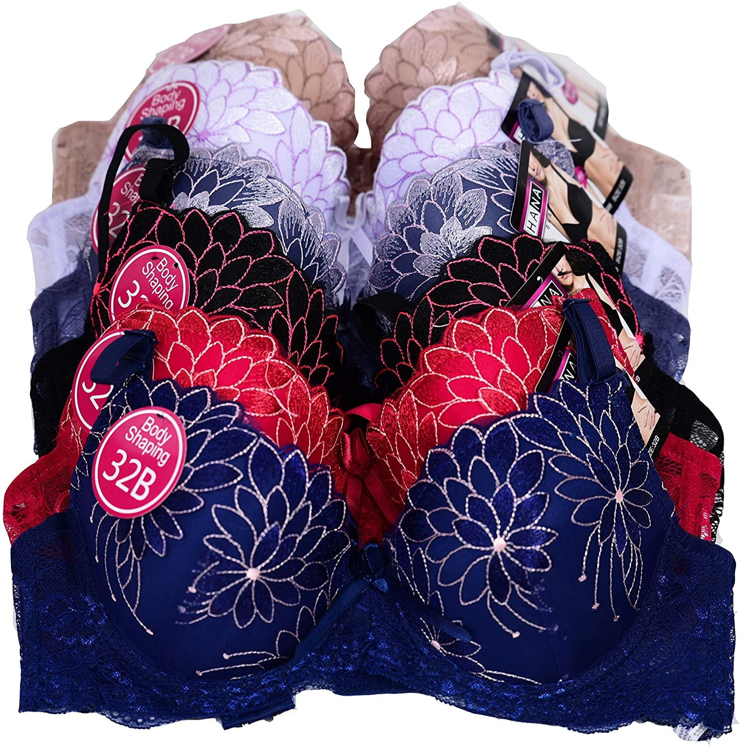 6 Piecec Full Cup Pushup Underwired Push Up Bra B and C Cup (32B ...