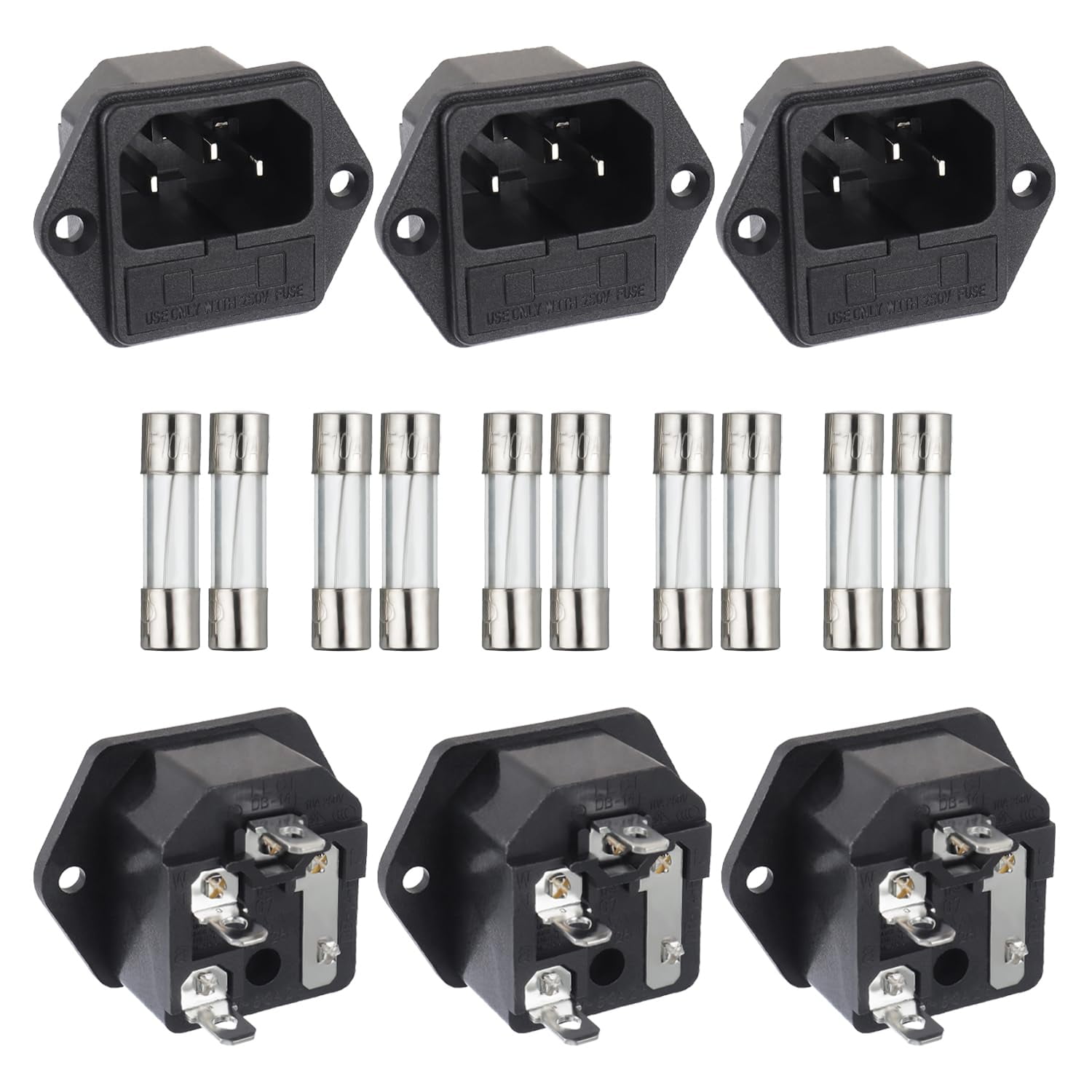 6-Pack Mountable 2-in-1 AC Power Plug: 250V 10A Input with 10A Fuse and ...