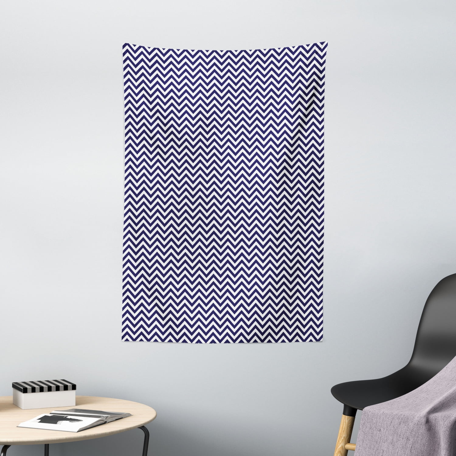 Navy Blue Tapestry, Vertical Chevron Zig Zag Stripes Pattern in ...
