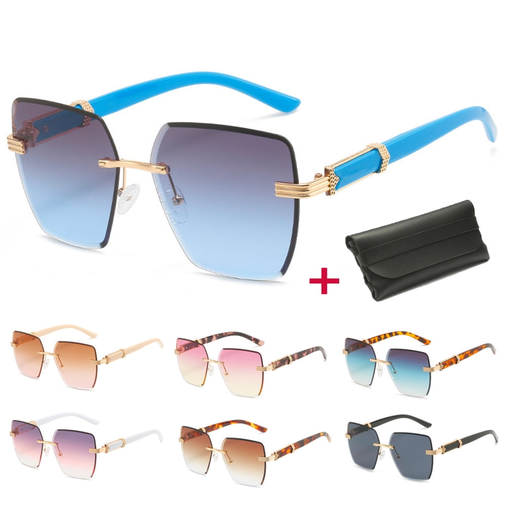 Classic Rimless Sunglasses Women Cutting Lens Sun Glasses With Storage ...