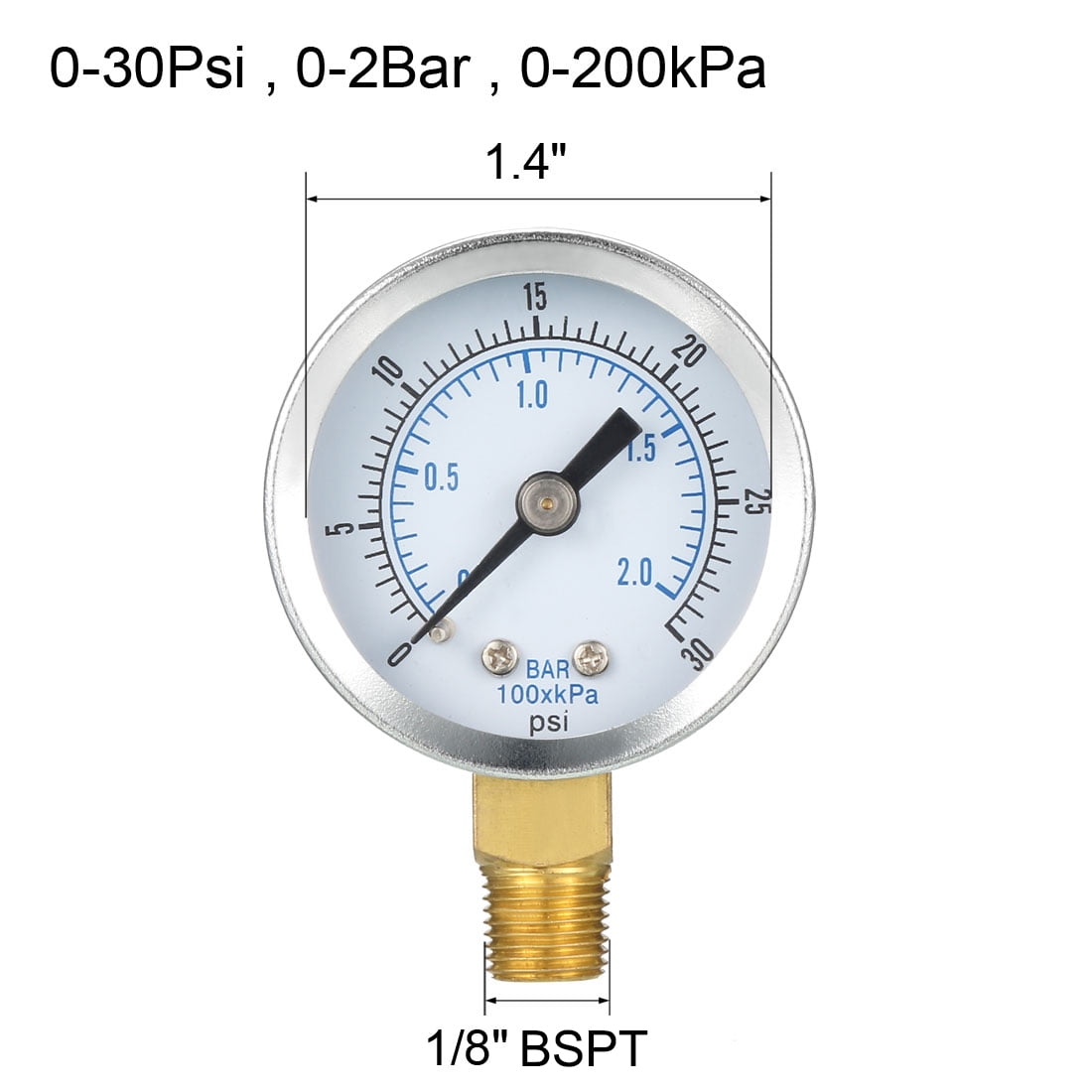 Pressure Gauge , 0-30 Psi/0-2 Bar,1.4" Dial Display,1/8" BSPT Bottom ...