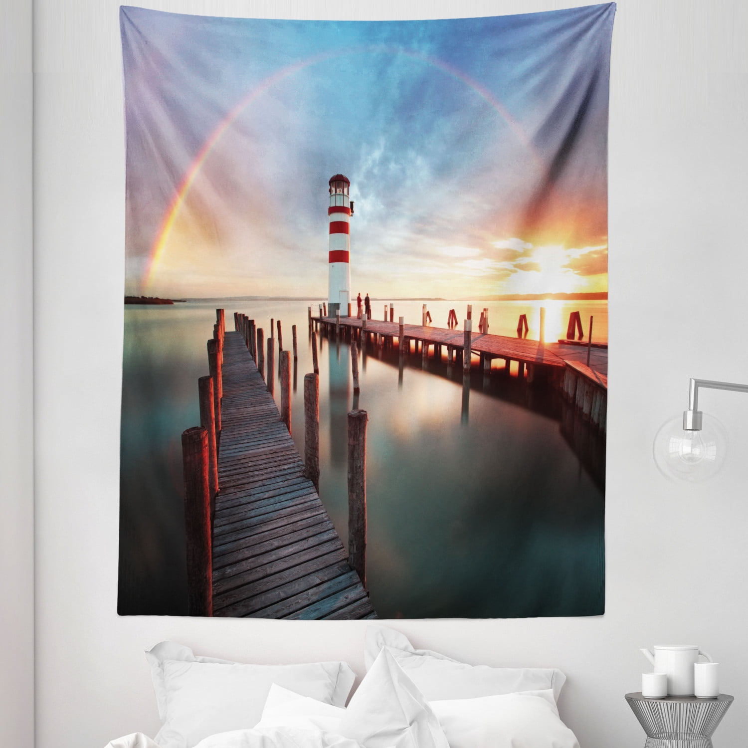 Lighthouse Tapestry, Sunset at Seaside Wooden Docks Lighthouse Clouds ...