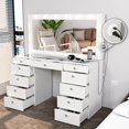 Boahaus Makeup Vanity Table with 11 Drawers, Mirror, Lights, Glass Top ...