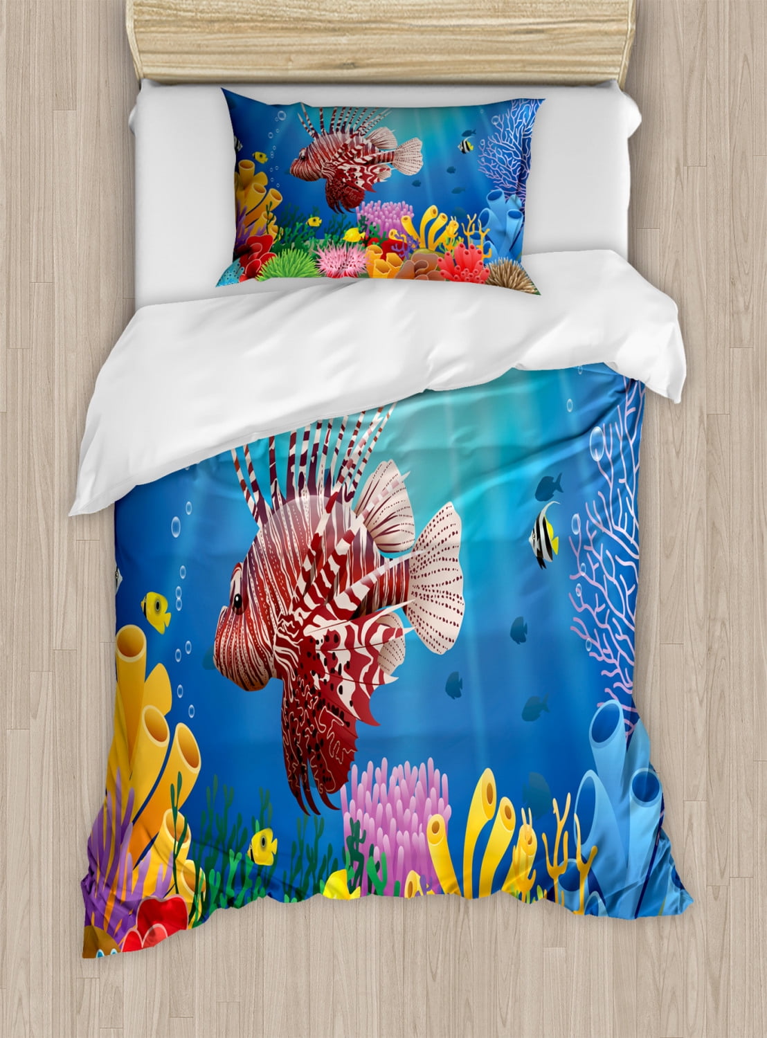 Deep Sea Duvet Cover Set Twin Size, Illustration of Colorful Coral Reef ...