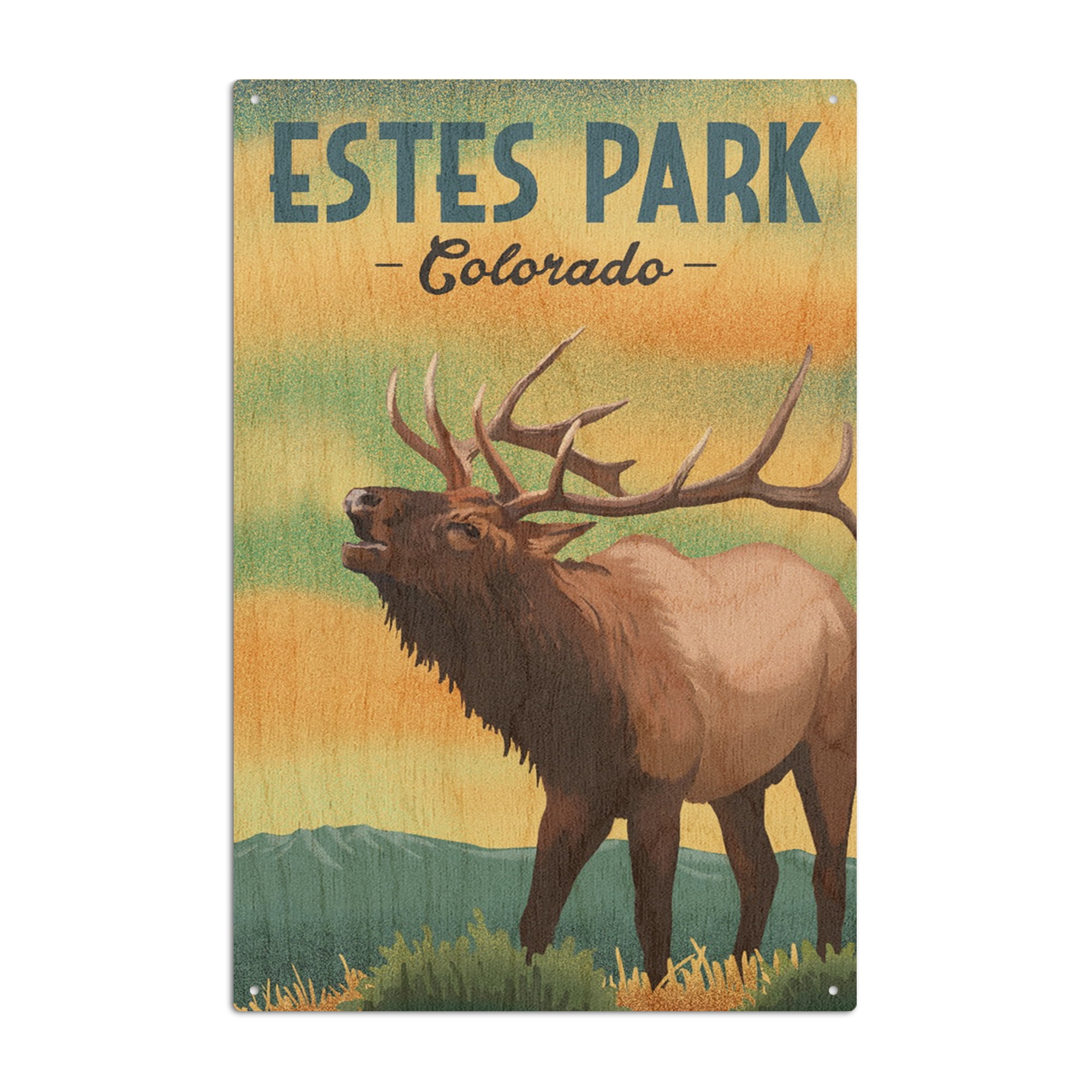 Estes Park, Elk, Lithograph Birch Wood Wall Sign (6x9 Rustic Home Decor ...