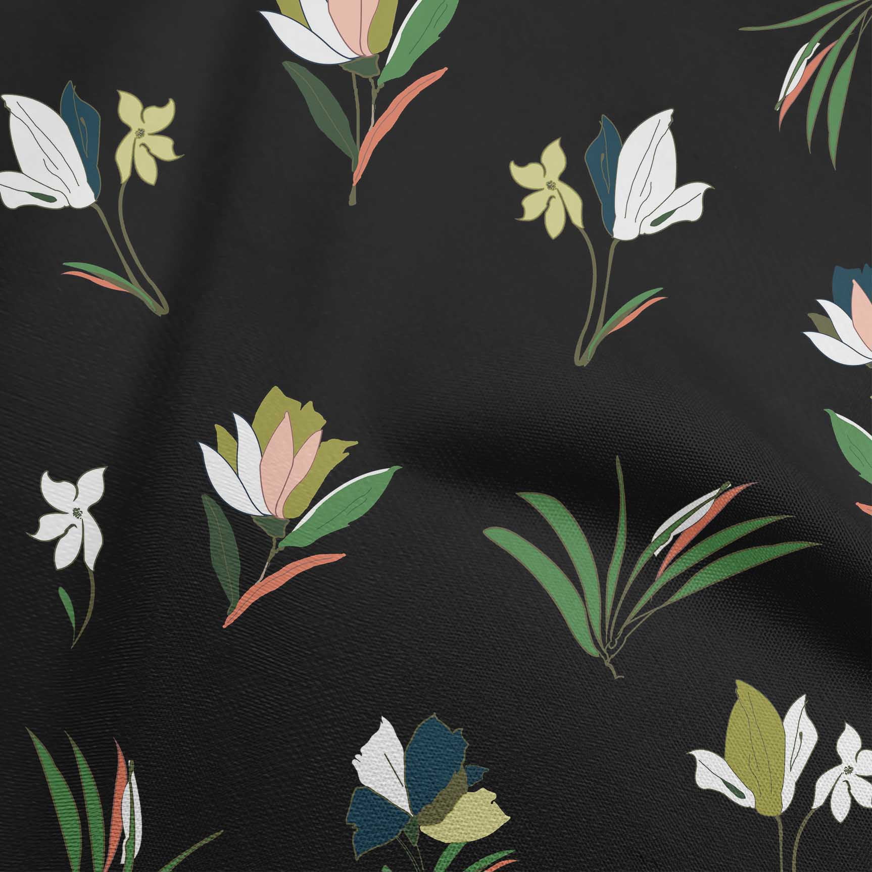oneOone Cotton Poplin Black Fabric Floral-Magnolia-Hand Drawn Floral ...