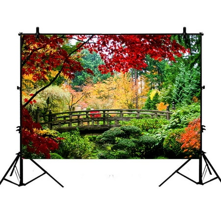 PHFZK 7x5ft Asian Backdrops, Bridge in Japanese Garden during Fall ...