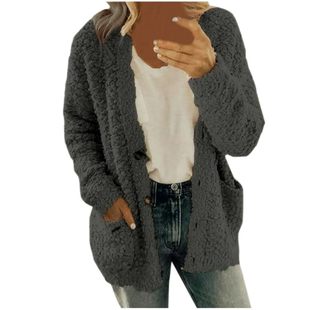 Trendy Women's Fuzzy Button-Down Cardigan Sweater with Pockets, Loose ...
