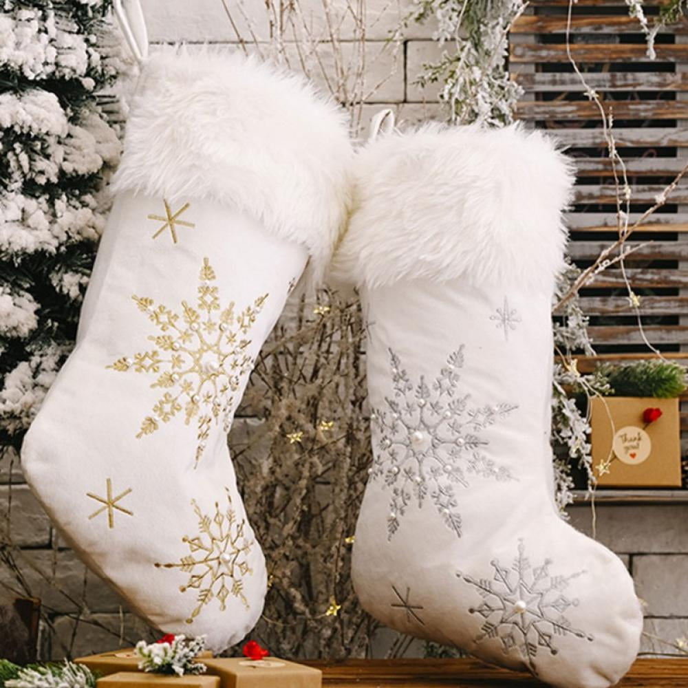 2 Pack Christmas Stockings Large White Christmas Stocking with Silver ...