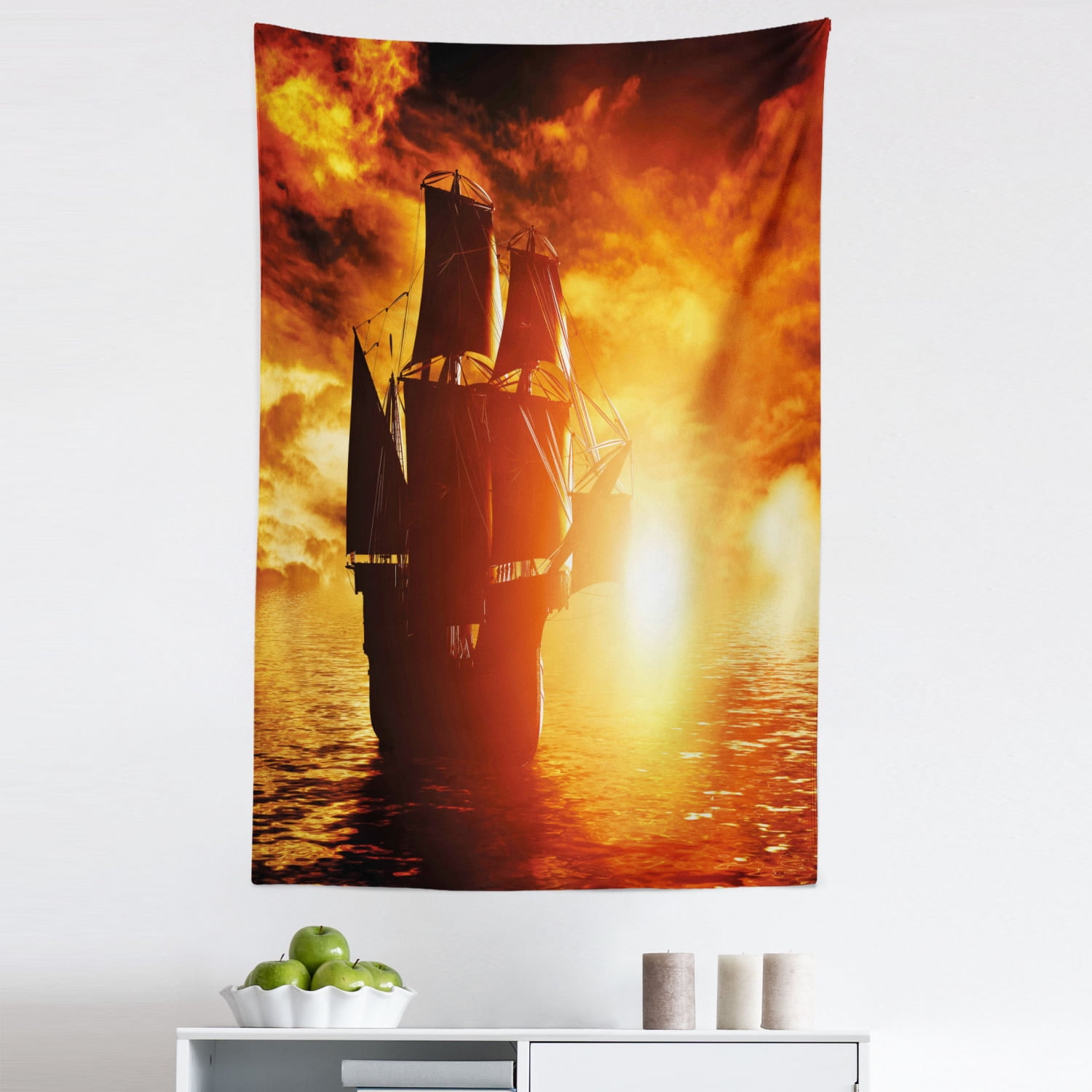 Pirate Ship Tapestry, Pirate Ship Sailing on the Ocean at Sunset in ...