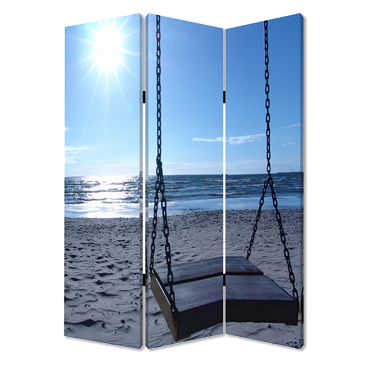 Wooden 3 Panel Room Divider with Seaside Screen Pattern, Blue and Gray ...