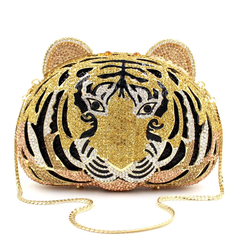 Pooflower Animal Purse Tiger Face Diamond Hollow Out Clutch Bag Women ...