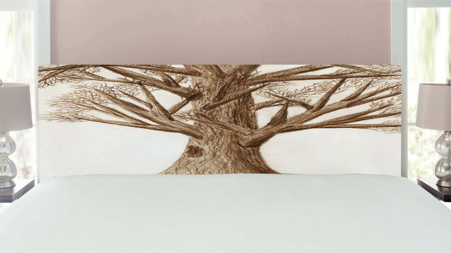 Tree of Life Headboard, Hand Drawn Pastoral Single Old Tree with ...