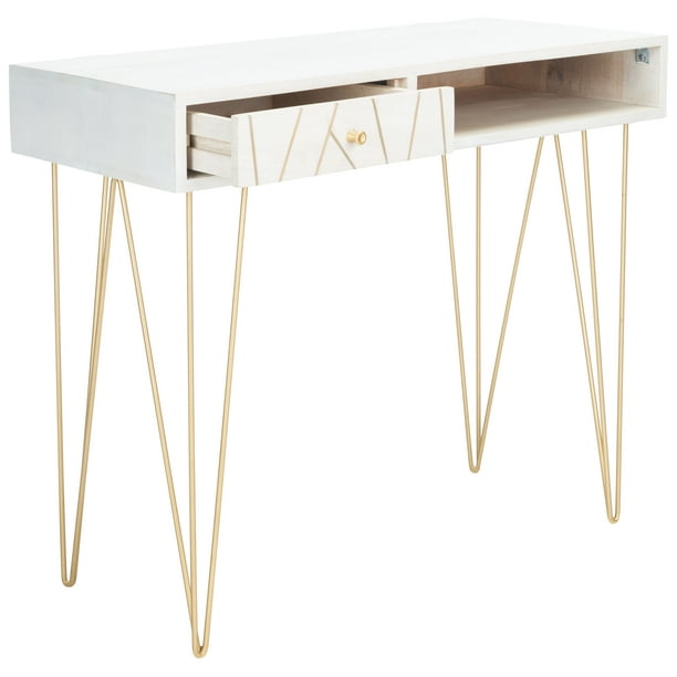 SAFAVIEH Marigold Mid Century w Drawer Writing Desk White Wash Brass