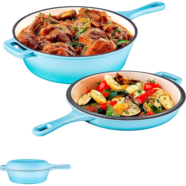 Enameled Blue 2-in-1 Cast Iron Multi-Cooker Heavy Duty Skillet and Lid ...