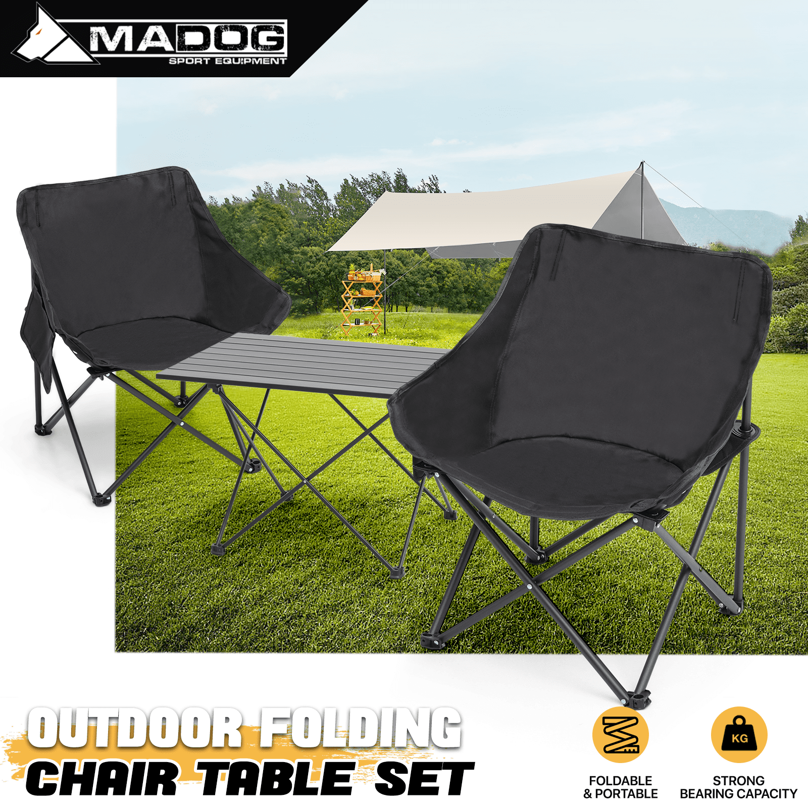 MADOG Folding Table and Chairs Set Set of 3 Outdoor Camping Picnic Chairs and Table with Fold Up Tabletop Pockets and Carry Bag Black