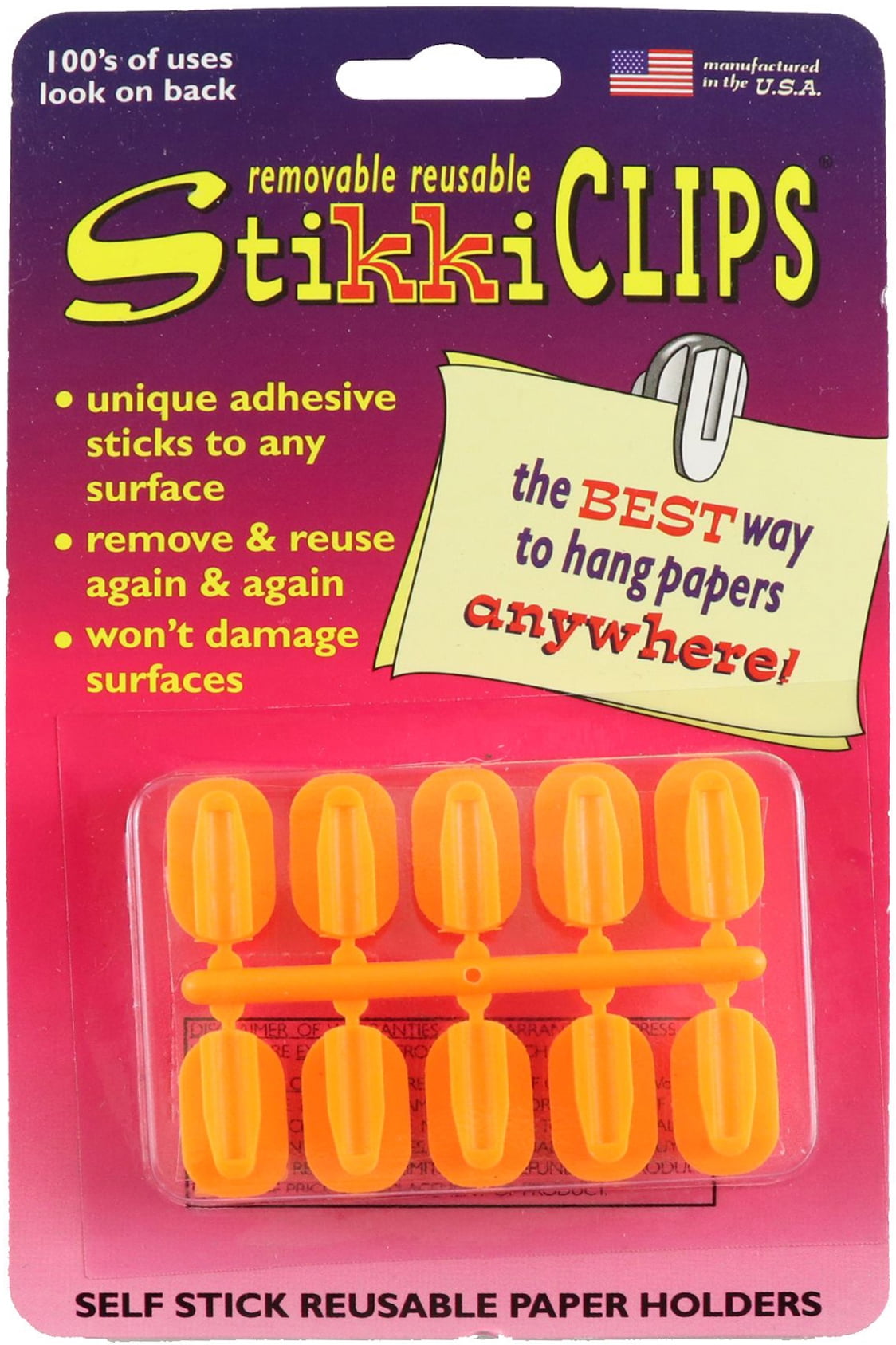 Stikkiclips Self-Stick Reusable Paper Holders 10/Pkg-Neon Orange ...