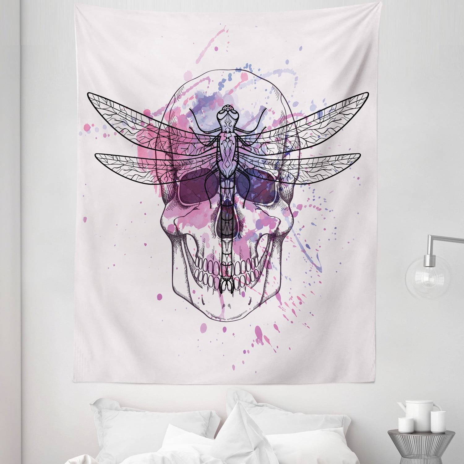 Skull Tapestry, Grunge Illustration of Human Skull Dragonfly with ...