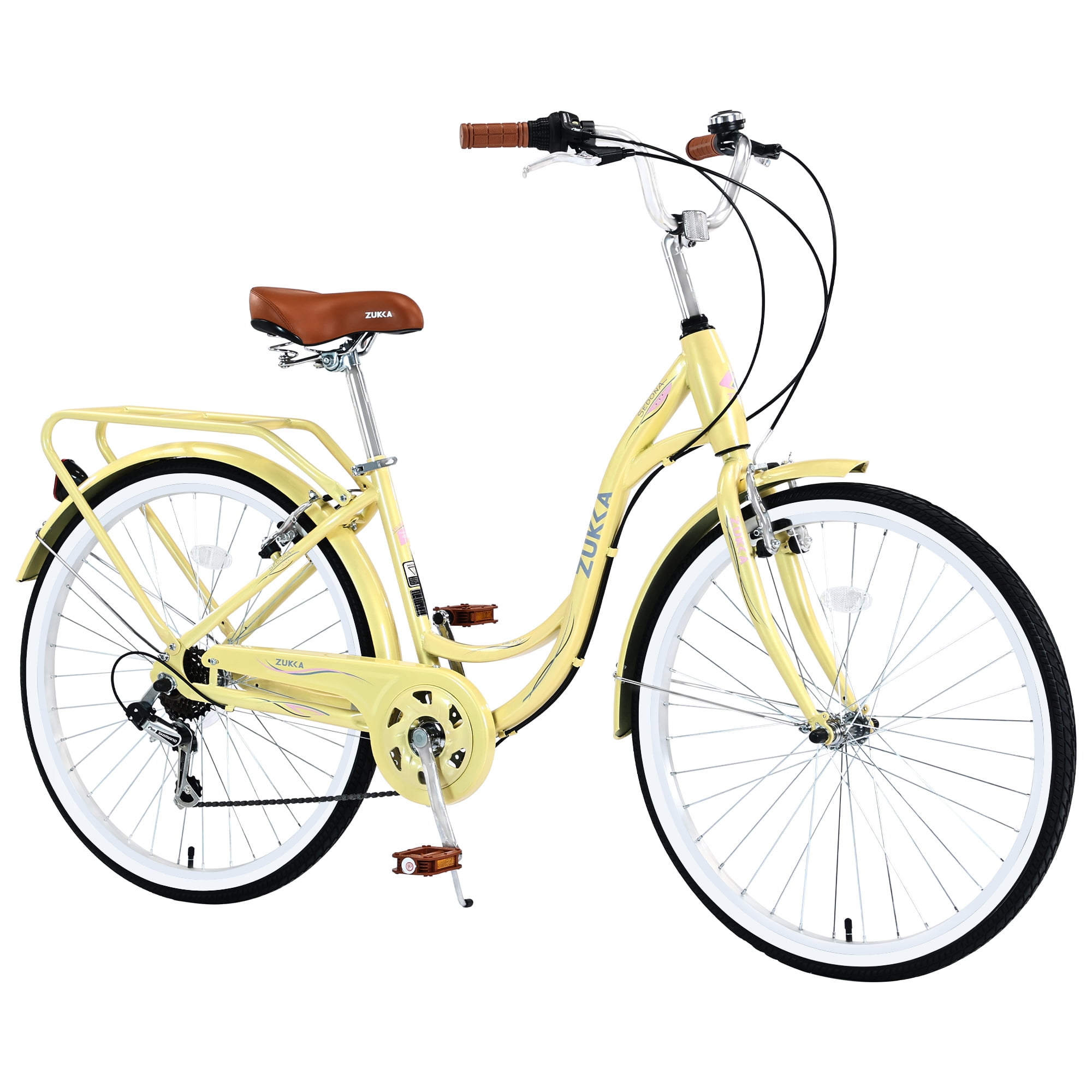 26 Womens Bike 7 Speeds Steel Frame Beach Cruiser Bike Comfort Ladies City Bike Cream Yellow Walmart