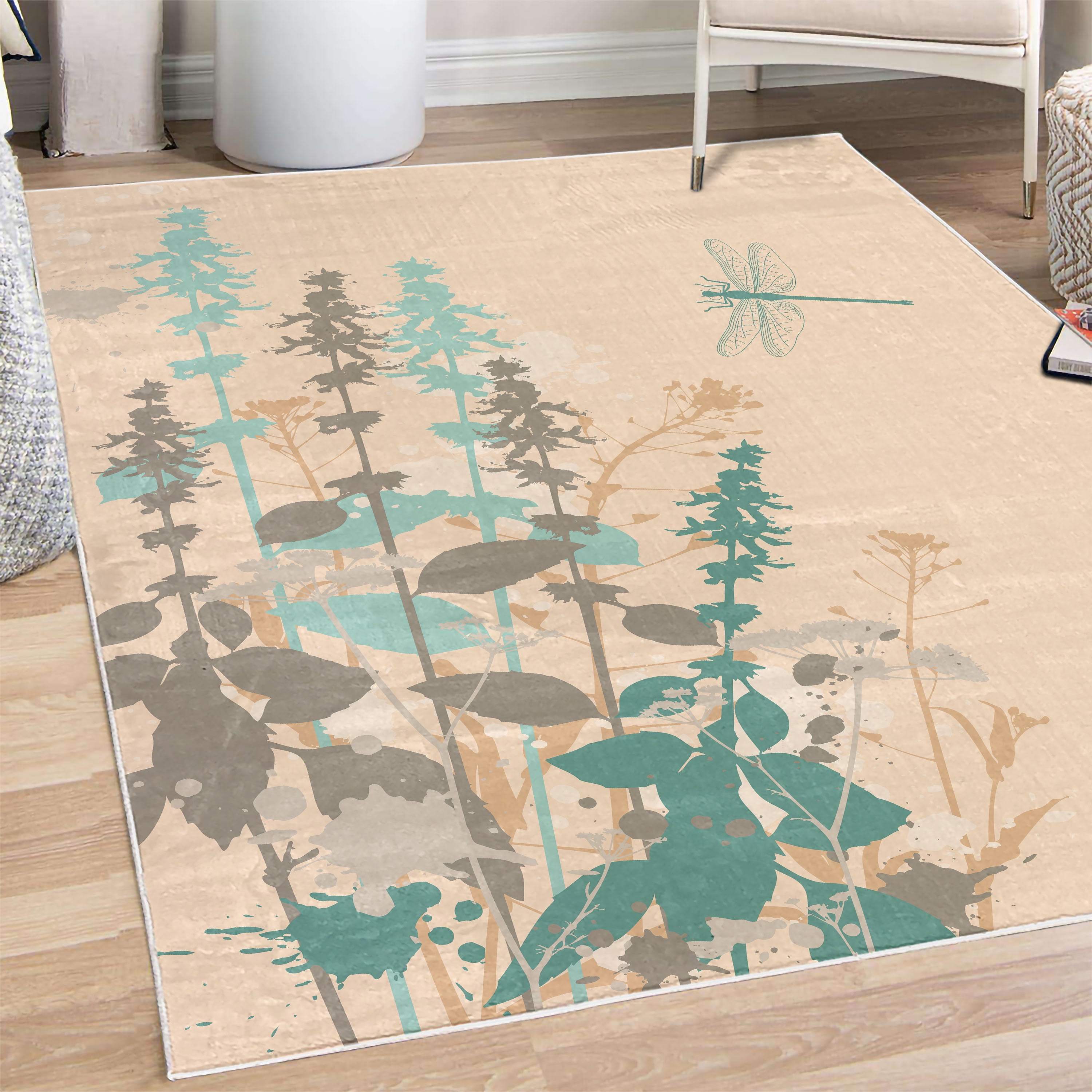 Dragonfly Decorative Rug, Nature Plants Grass with Wildflowers with ...