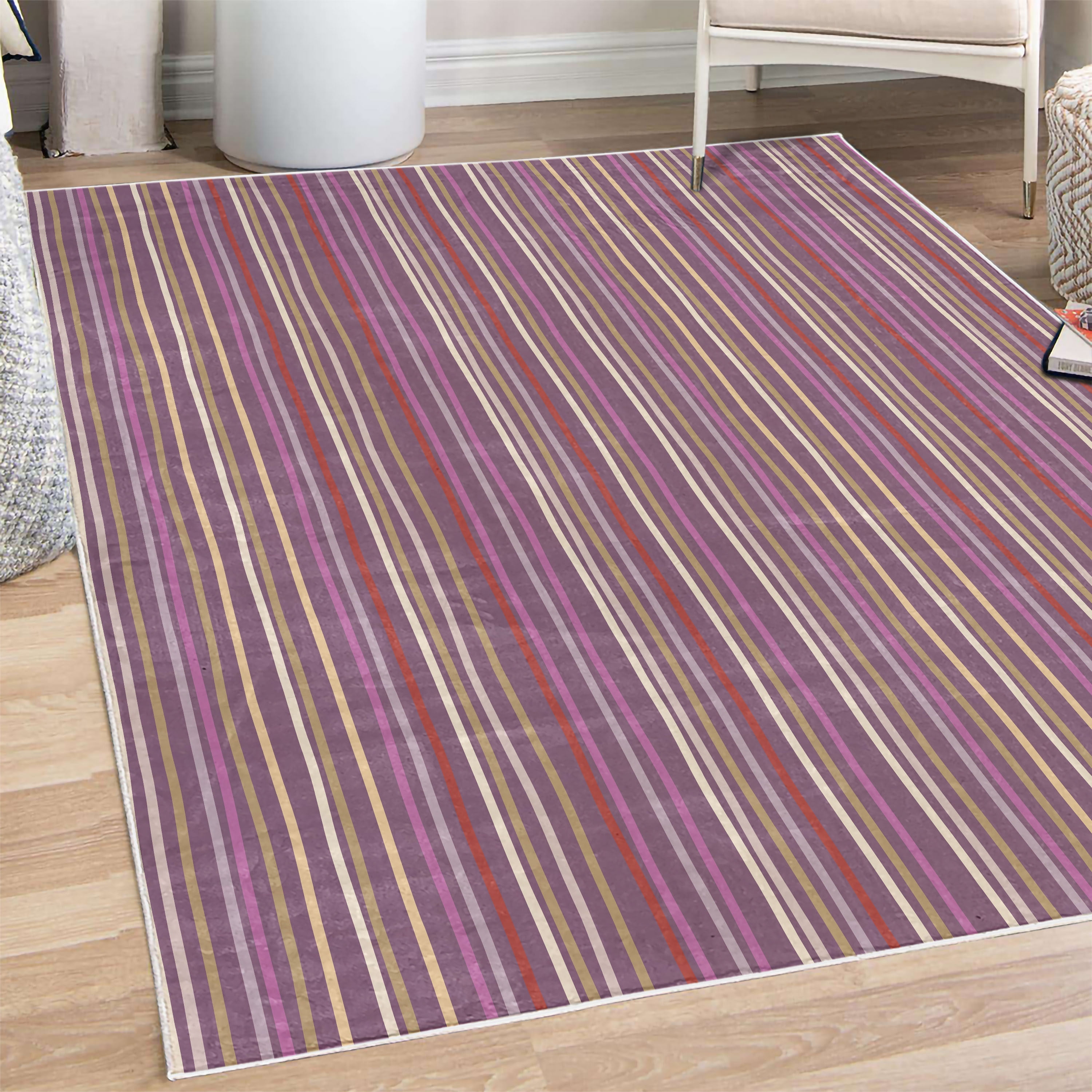 Geometric Decorative Rug, Retro Vertical Bands Wavy Striped Lines Hand ...